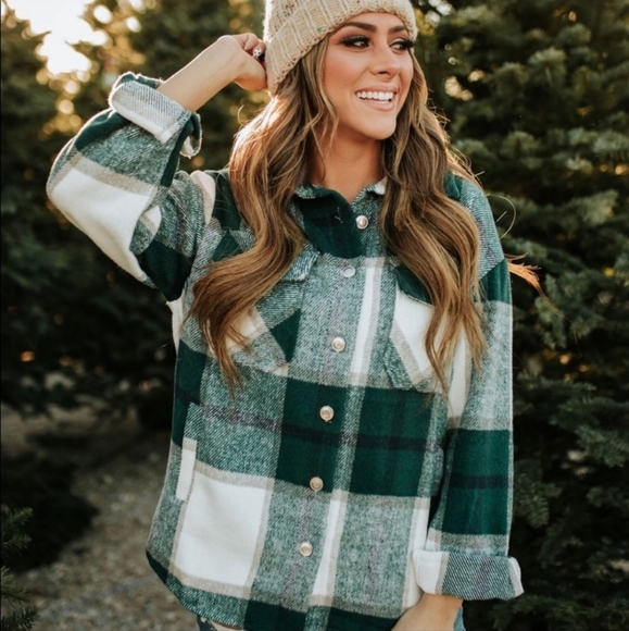 Tops | New Cozy Rustic Flannel Plaid Shacket Top Jacket Black Green ...